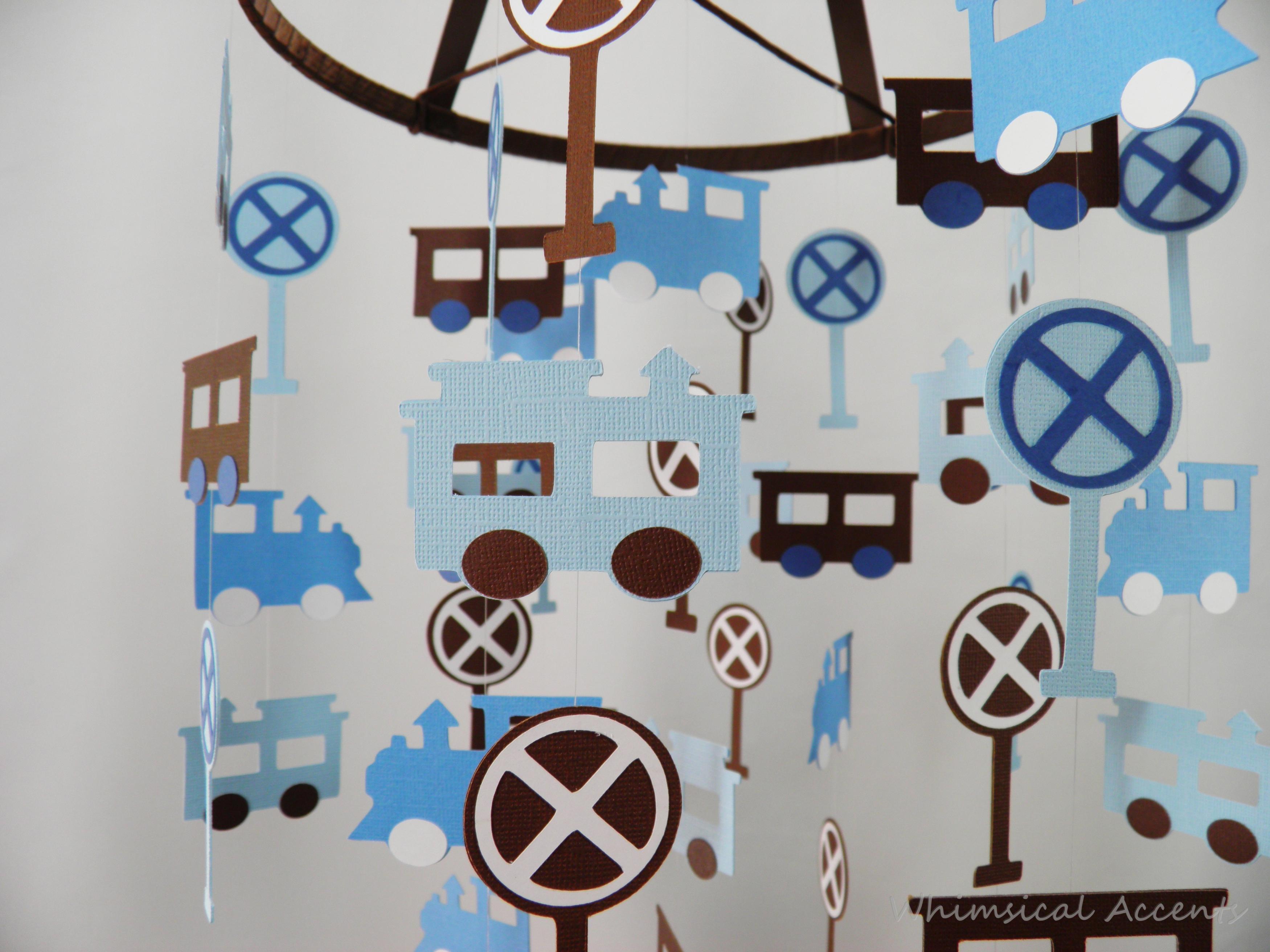 Train Set Nursery Baby Mobile In Blues And Chocolate Brown on Luulla