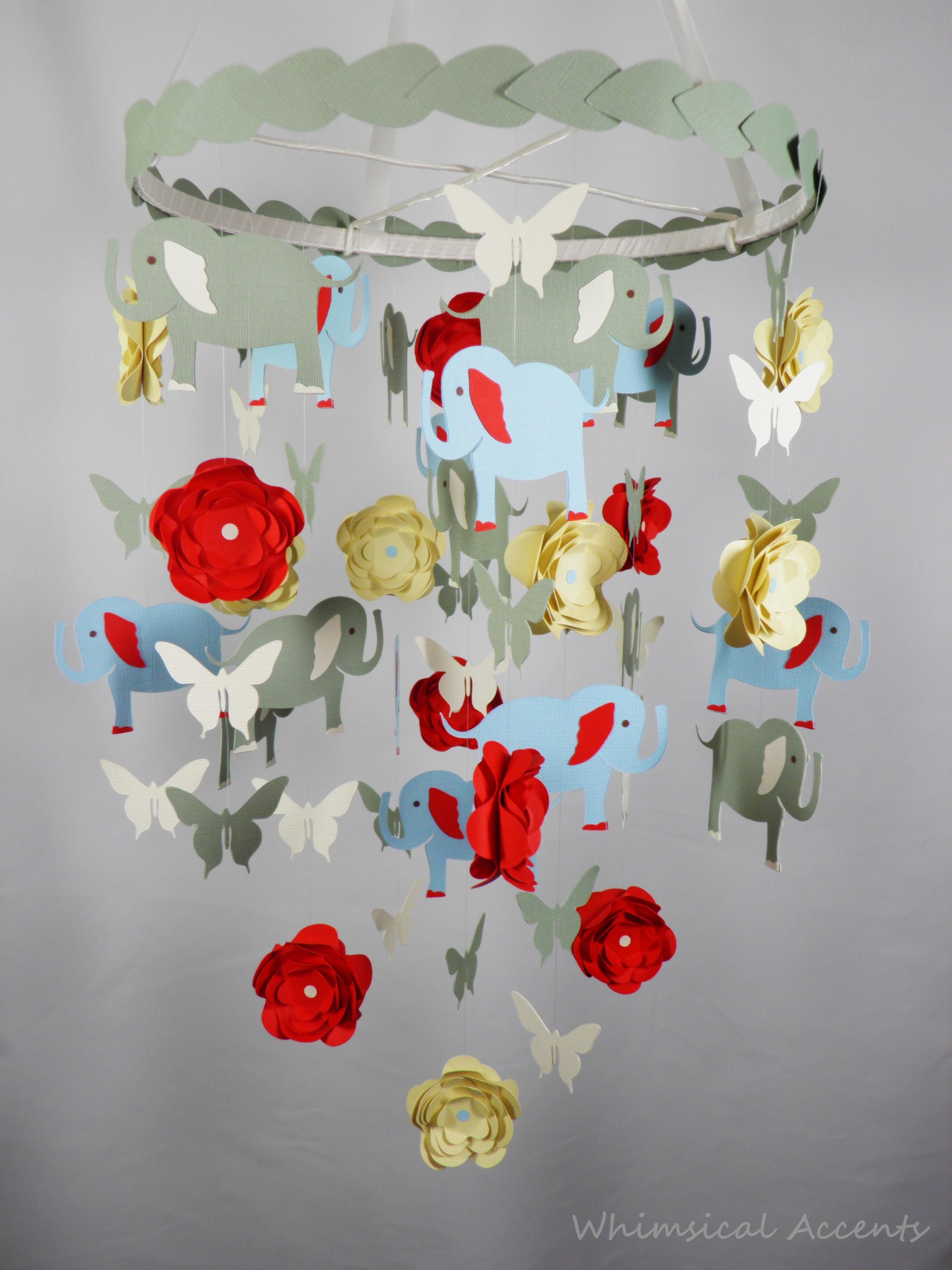 Elephant, Flower And Butterfly Nursery Decorative Mobile With Leaves on ...